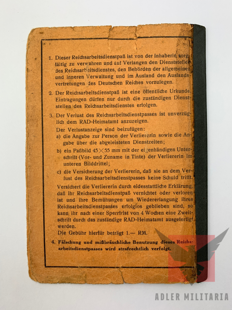 WW2 German Issue – RAD Identification Pass for Lady ...
