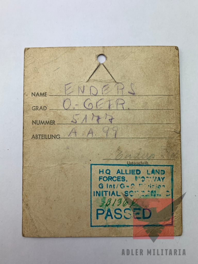 WW2 German POW Tag – Issued Norway 1945 – 7.Geb.Div – Adler Militaria