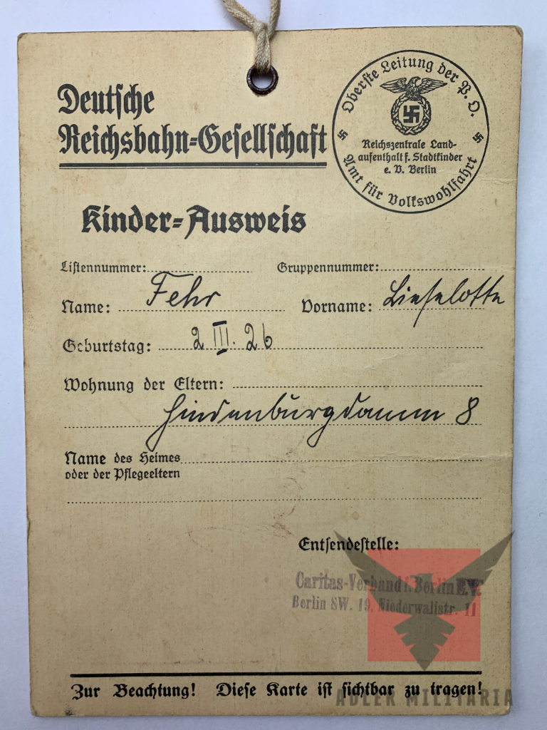 WW2 German ID for Child – ‘Out of the City’ – Adler Militaria