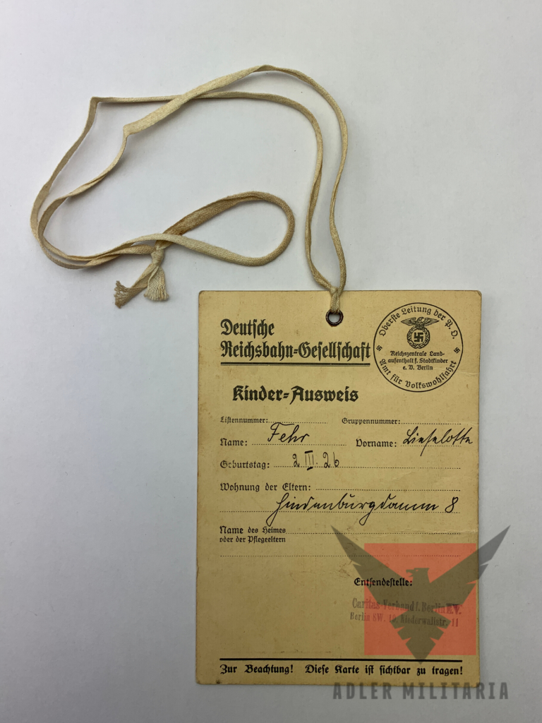 WW2 German ID for Child – ‘Out of the City’ – Adler Militaria