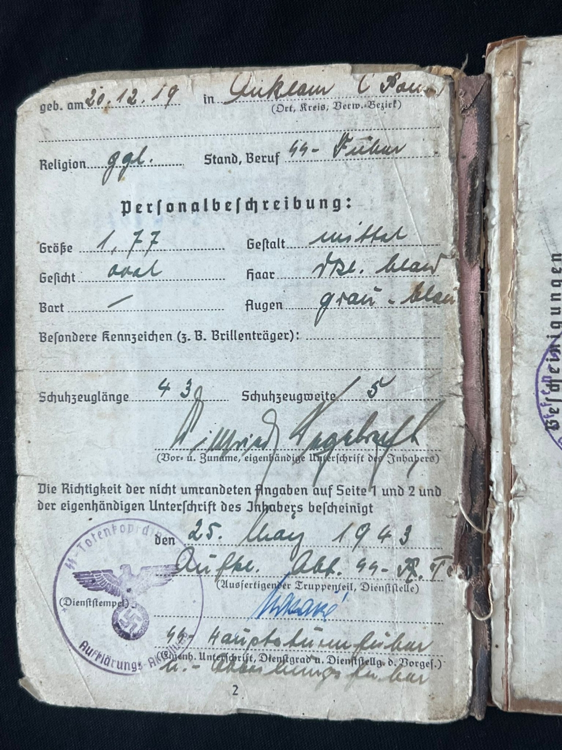 WWII German Waffen SS Soldbuch – SS-Hauptsturmführer Willfried ...