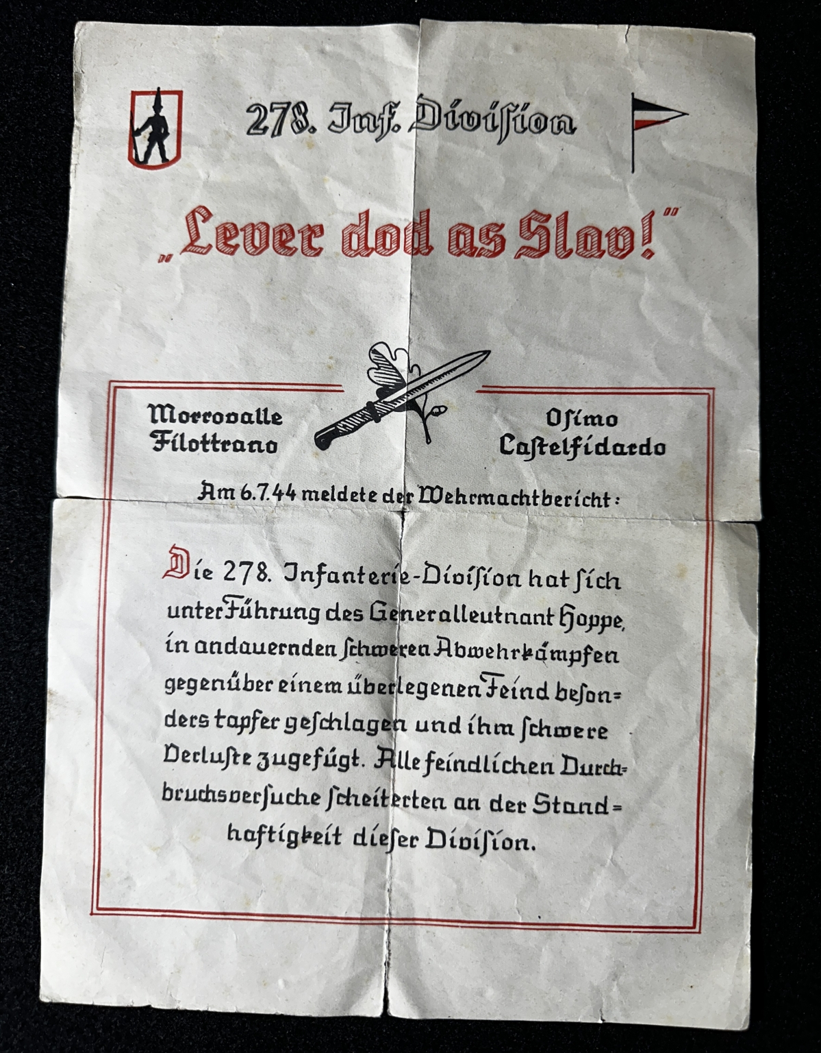 WWII German Original Wehrmacht Bericht 278 Infanterie Division – Italy ...