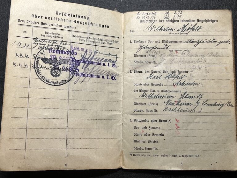 WWII German Kriegsmarine Soldbuch – Ob.Masch Höfeld – Destroyer Z30 ...