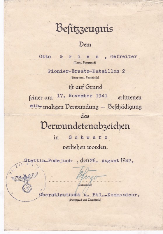 WWII German Wehrmacht Wehrpass ID – Unteroffizier Otto Gries – Panzer ...